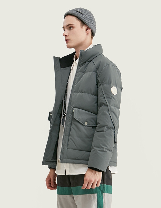 Solid pocket stand-up collar down jacket,Jacket & Coat